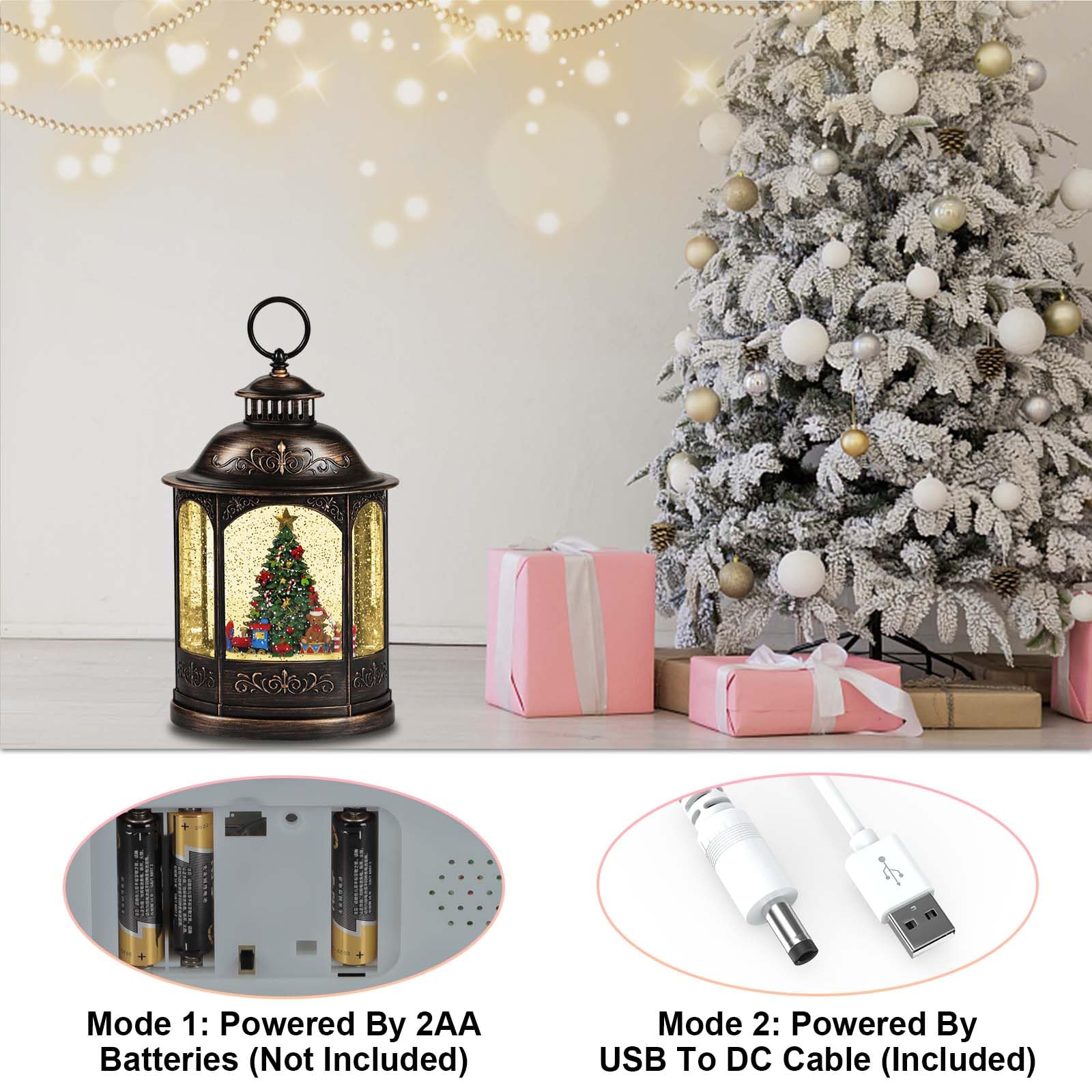 Ponsonbay Christmas Musical Snow Globe Lantern Lighted Snow Globe Lantern with 6H Timer USB Powered & Battery Operated Spinning Water & Swirling Glitter 8 Songs (L-Christmas Tree-Black)