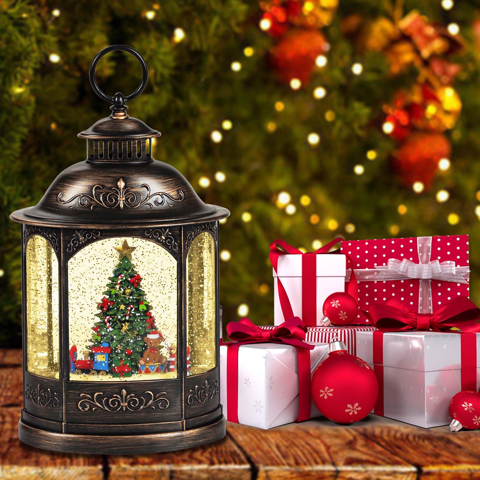 Ponsonbay Christmas Musical Snow Globe Lantern Lighted Snow Globe Lantern with 6H Timer USB Powered & Battery Operated Spinning Water & Swirling Glitter 8 Songs (L-Christmas Tree-Black)
