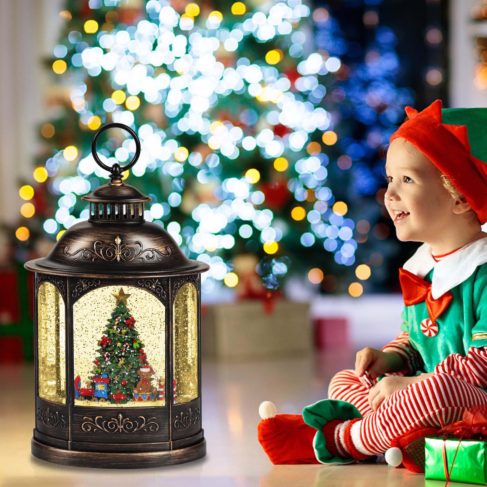 Ponsonbay Christmas Musical Snow Globe Lantern Lighted Snow Globe Lantern with 6H Timer USB Powered & Battery Operated Spinning Water & Swirling Glitter 8 Songs (L-Christmas Tree-Black)
