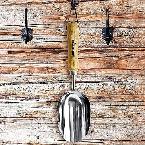 Gardtech Garden Hand Fertilizer Scoop, Soil Shovel, Heavy Duty Stainless Steel Trowel for Food and Ice, Large Capacity Multi-purpose Scoop with Wooden Handle for Petting Kitchen Use-with Wooden Handle