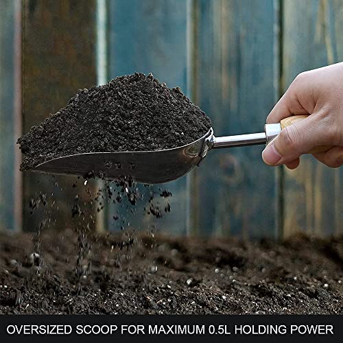 Gardtech Garden Hand Fertilizer Scoop, Soil Shovel, Heavy Duty Stainless Steel Trowel for Food and Ice, Large Capacity Multi-purpose Scoop with Wooden Handle for Petting Kitchen Use-with Wooden Handle