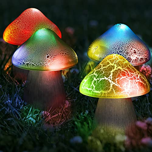 2 Pcs Large Solar Mushroom Light Outdoor Garden Waterproof Cute Mushroom Shaped Pathway Landscape Lights 2 Modes Automatic Change and 5 Lamp Beads for Yard Landscape Decoration (Red, Yellow)