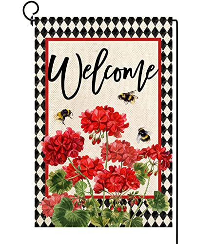 Baccessor Spring Summer Geranium Welcome Garden Flag Double Sided Summer Bee Red Floral Buffalo Plaid Small Burlap Yard Flag House Seasonal Farmhouse Outside Outdoor Decoration 12.5 x 18 Inch