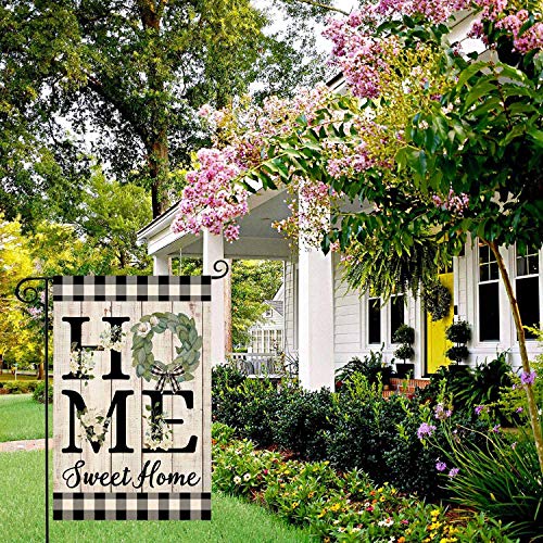 ORTIGIA Home Sweet Home Magnolia Small Garden Flag Burlap Vertical Double Sided Spring Farmhouse Rustic Buffalo Check Plaid Flower Home Decor for Yard Lawn Patio Outdoor