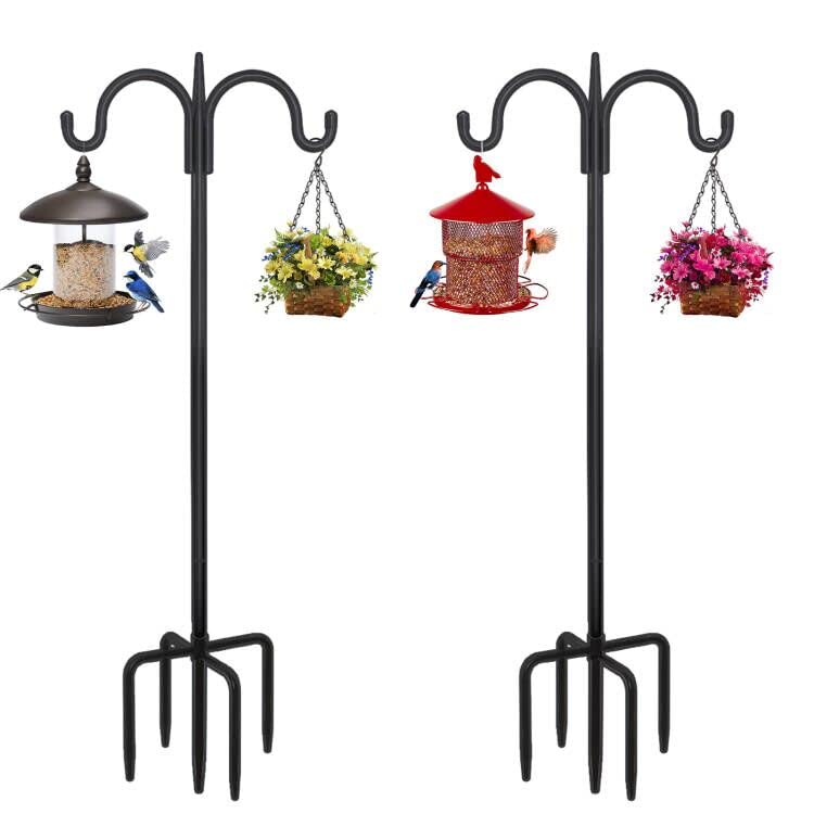 FEED GARDEN Adjustable Double Shepherds Hook for Outdoor with 5 Prong Base 91 Inch Heavy Duty Two Sided Bird Feeder Pole for Hanging Plant Baskets, Solar Light Lanterns, Wind Chimes 2 Pack