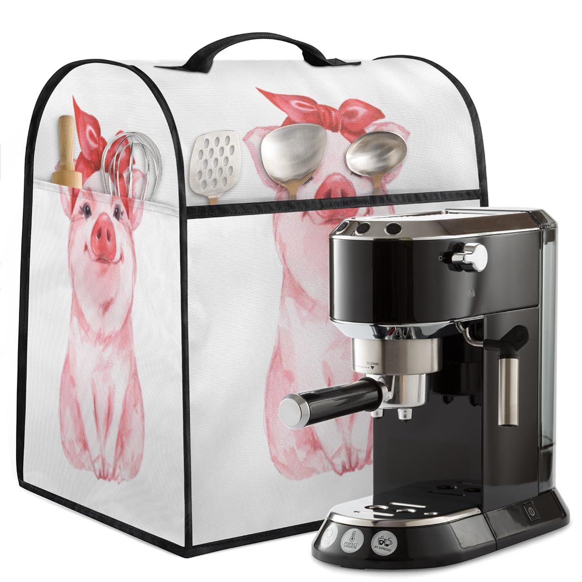 DXTKWL Cute Animal Pig Pink Coffee Maker Cover Dust protection, Coffee Machine Cover with Pockets and Top Handle, Easy Clean 14.6 * 11.2 * 17inch