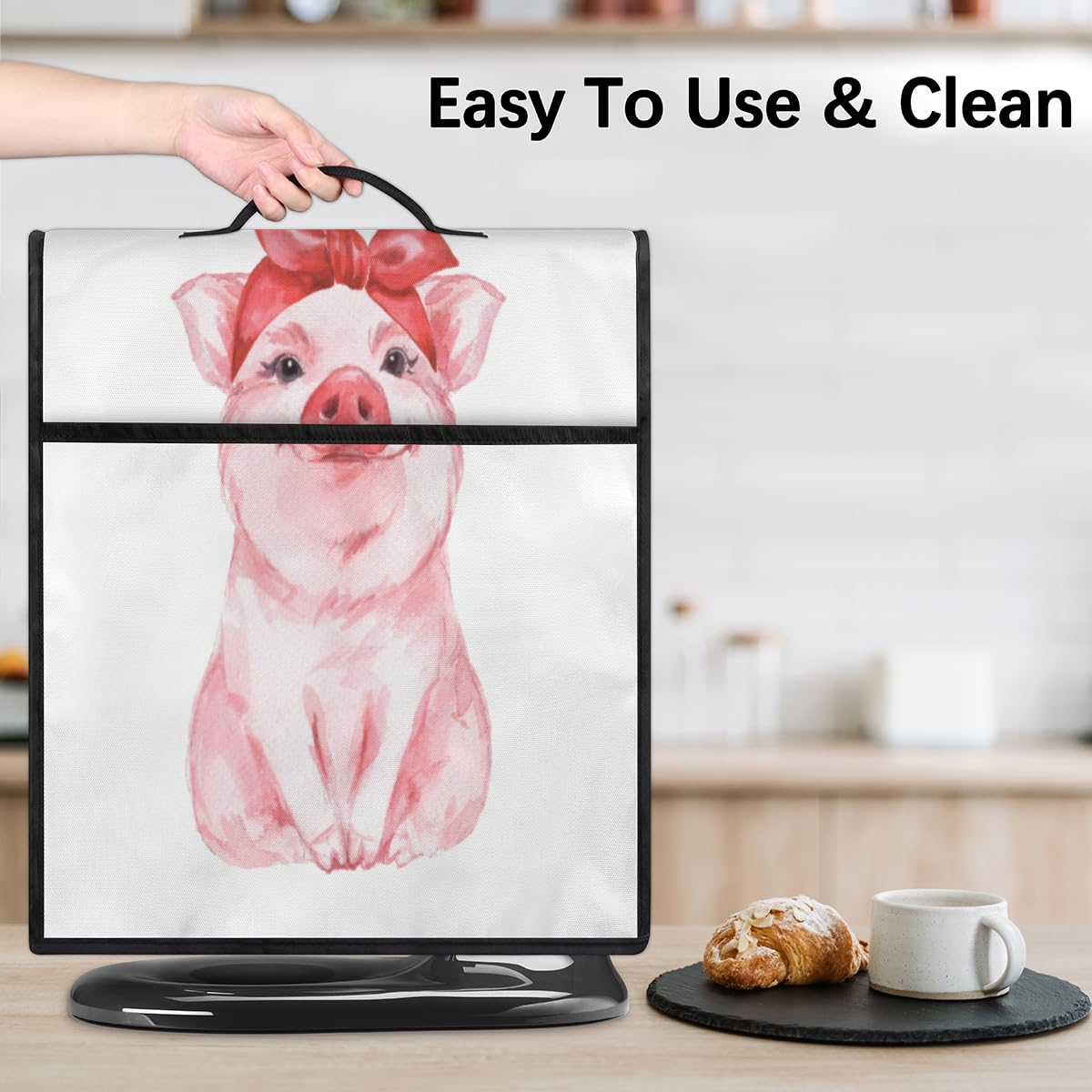 DXTKWL Cute Animal Pig Pink Coffee Maker Cover Dust protection, Coffee Machine Cover with Pockets and Top Handle, Easy Clean 14.6 * 11.2 * 17inch