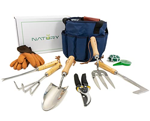 Natury Gardening Tool Set – Premium Stainless Steel Gardening Hand Tools with Solid Beechwood Handle – Gardening Kit with Rake, Shovel, Gloves, Shears, Tool Organizer – Garden Gifts for Women and Men