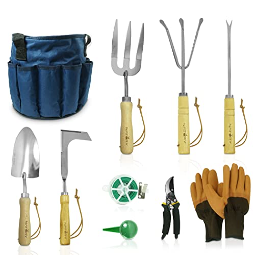 Natury Gardening Tool Set β Premium Stainless Steel Gardening Hand Tools with Solid Beechwood Handle β Gardening Kit with Rake, Shovel, Gloves, Shears, Tool Organizer β Garden Gifts for Women and Men