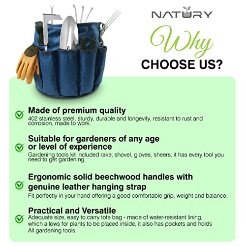 Natury Gardening Tool Set β Premium Stainless Steel Gardening Hand Tools with Solid Beechwood Handle β Gardening Kit with Rake, Shovel, Gloves, Shears, Tool Organizer β Garden Gifts for Women and Men