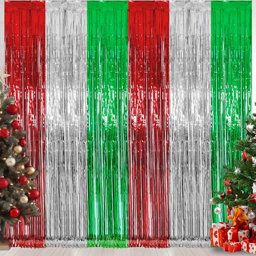 3 Packs 3.3ft x 6.6ft Christmas Foil Fringe Curtains Christmas Party Decoration Red Silver Green Tinsel Foil Fringe Curtains Shiny Metallic Backdrop Photo Booth Props for Christmas Party Supplies
