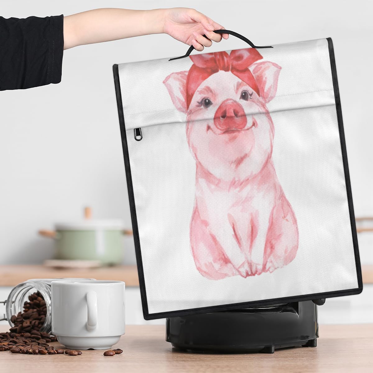 DXTKWL Cute Animal Pig Pink Coffee Maker Cover Dust protection, Coffee Machine Cover with Pockets and Top Handle, Easy Clean 14.6 * 11.2 * 17inch