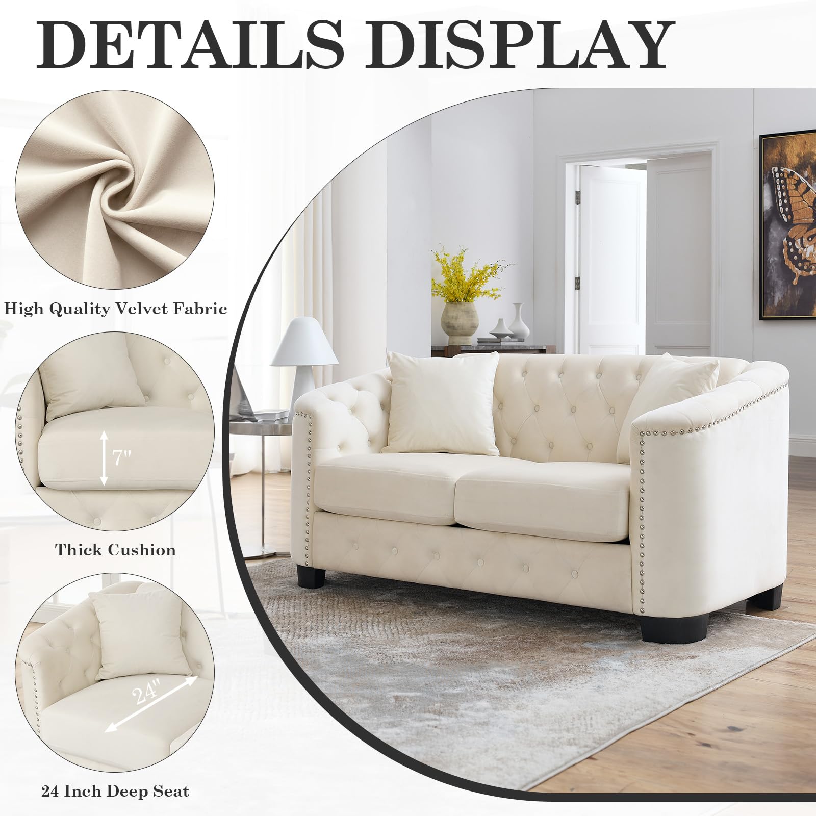 JEEOHEY Sofa,Chesterfield Sofa,Velvet Sofa Couch,Oversized Loveseat Sofa,2 Seater Sofa Chair with Button Nailhead,Upholstered Deep Seat Sofa,Futon Couches for Living Room,Bedroom,Office(Beige