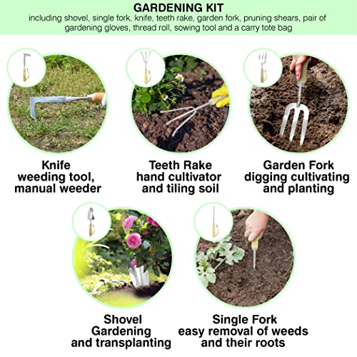 Natury Gardening Tool Set β Premium Stainless Steel Gardening Hand Tools with Solid Beechwood Handle β Gardening Kit with Rake, Shovel, Gloves, Shears, Tool Organizer β Garden Gifts for Women and Men