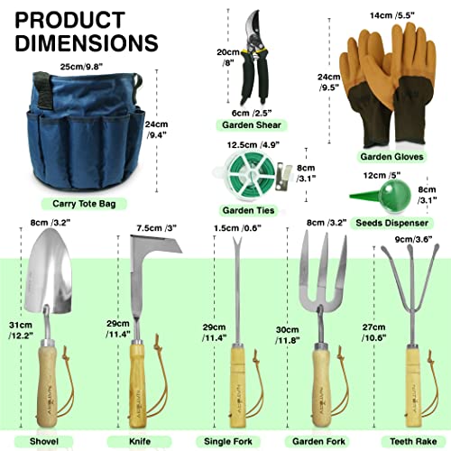 Natury Gardening Tool Set β Premium Stainless Steel Gardening Hand Tools with Solid Beechwood Handle β Gardening Kit with Rake, Shovel, Gloves, Shears, Tool Organizer β Garden Gifts for Women and Men