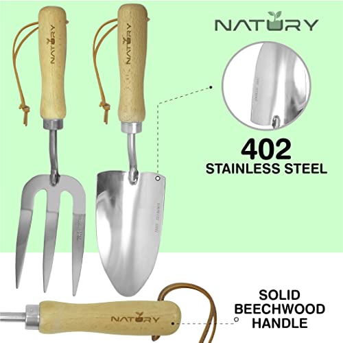 Natury Gardening Tool Set β Premium Stainless Steel Gardening Hand Tools with Solid Beechwood Handle β Gardening Kit with Rake, Shovel, Gloves, Shears, Tool Organizer β Garden Gifts for Women and Men