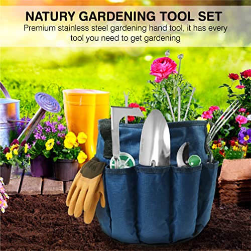 Natury Gardening Tool Set β Premium Stainless Steel Gardening Hand Tools with Solid Beechwood Handle β Gardening Kit with Rake, Shovel, Gloves, Shears, Tool Organizer β Garden Gifts for Women and Men