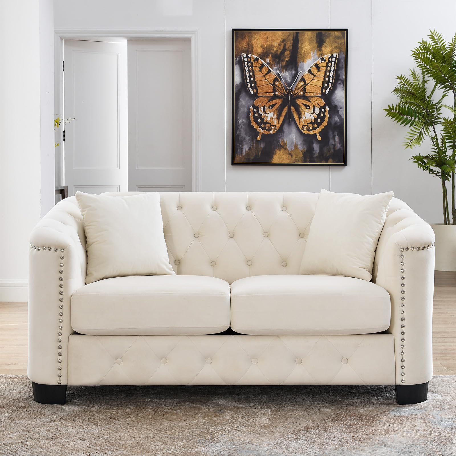 JEEOHEY Sofa,Chesterfield Sofa,Velvet Sofa Couch,Oversized Loveseat Sofa,2 Seater Sofa Chair with Button Nailhead,Upholstered Deep Seat Sofa,Futon Couches for Living Room,Bedroom,Office(Beige