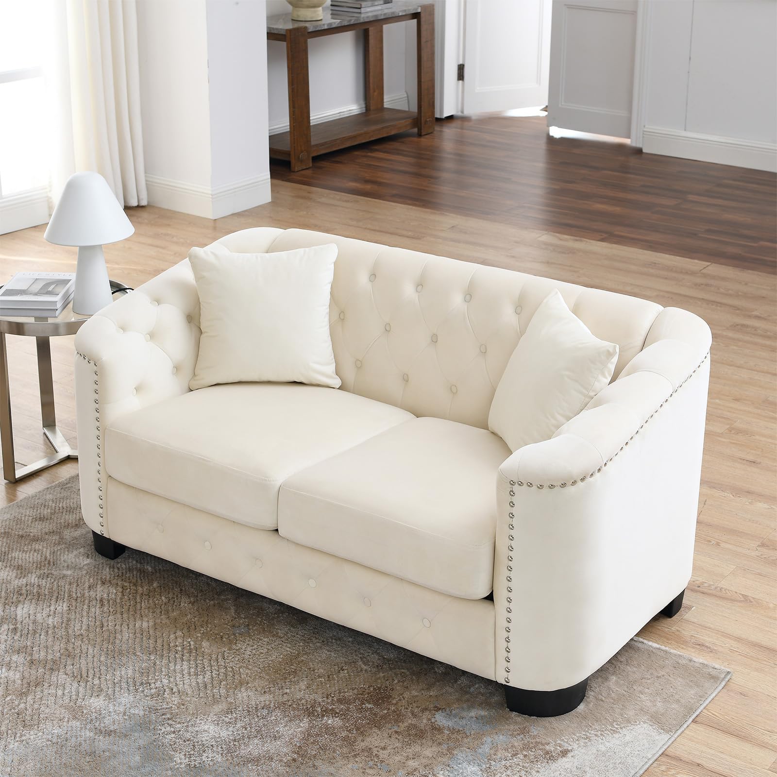 JEEOHEY Sofa,Chesterfield Sofa,Velvet Sofa Couch,Oversized Loveseat Sofa,2 Seater Sofa Chair with Button Nailhead,Upholstered Deep Seat Sofa,Futon Couches for Living Room,Bedroom,Office(Beige