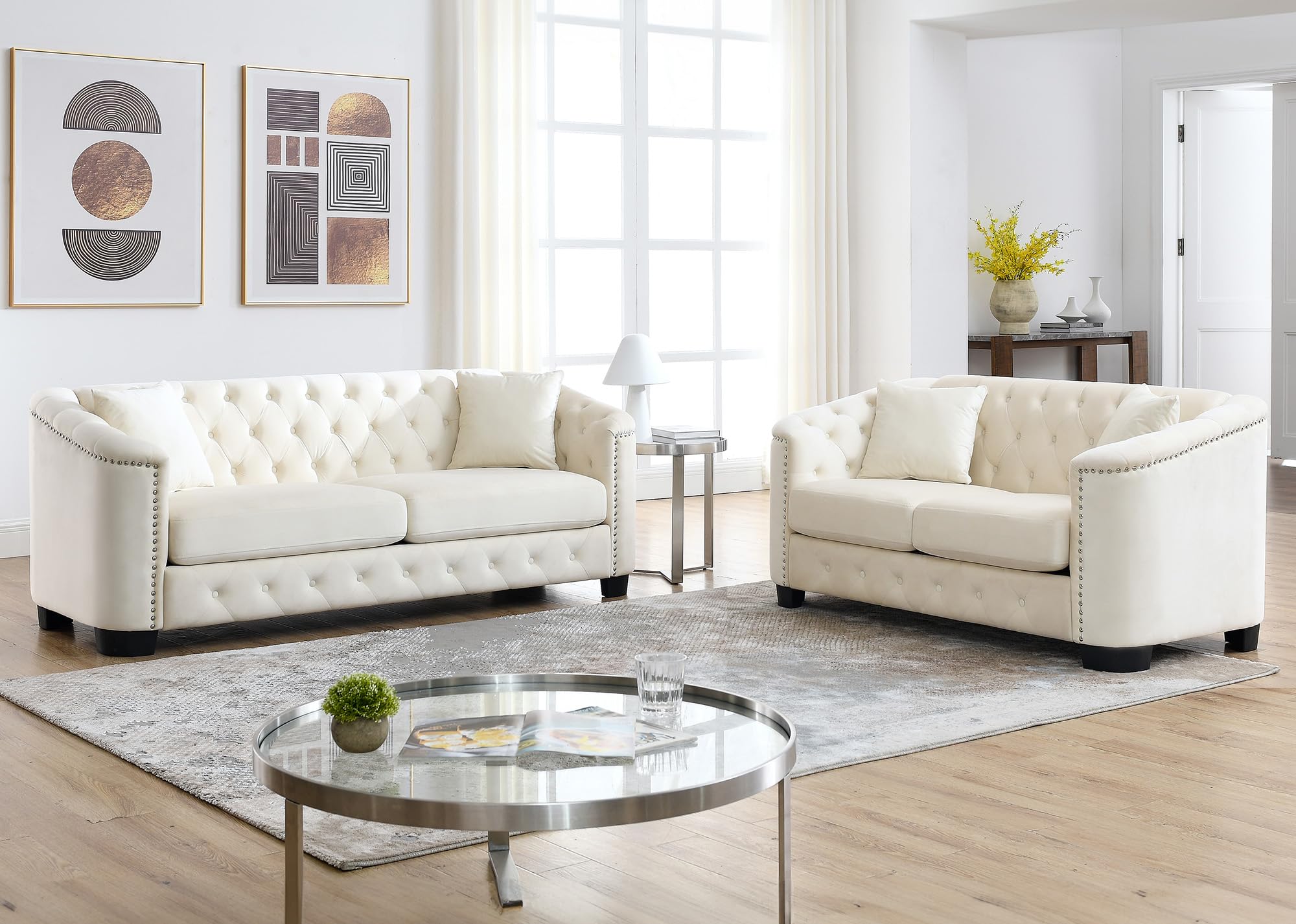 JEEOHEY Sofa,Chesterfield Sofa,Velvet Sofa Couch,Oversized Loveseat Sofa,2 Seater Sofa Chair with Button Nailhead,Upholstered Deep Seat Sofa,Futon Couches for Living Room,Bedroom,Office(Beige