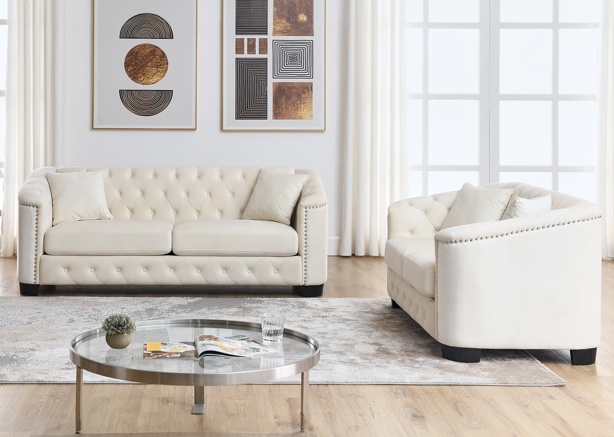JEEOHEY Sofa,Chesterfield Sofa,Velvet Sofa Couch,Oversized Loveseat Sofa,2 Seater Sofa Chair with Button Nailhead,Upholstered Deep Seat Sofa,Futon Couches for Living Room,Bedroom,Office(Beige