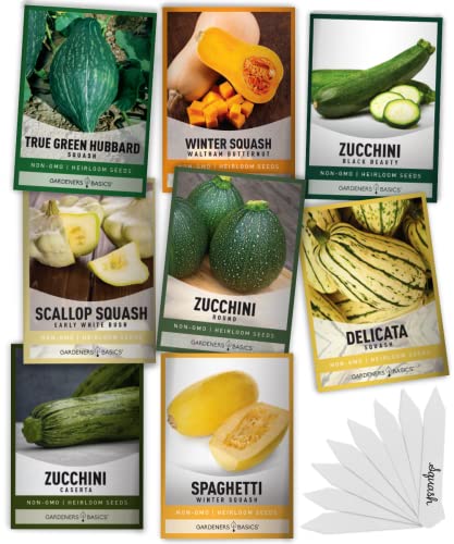 8 Squash Seeds for Planting Individual Packets - Zucchini, Delicata, Butternut, Spaghetti, Scallop, Caserta, Round and Hubbard for Your Non GMO Heirloom Vegetable Garden by Gardeners Basics
