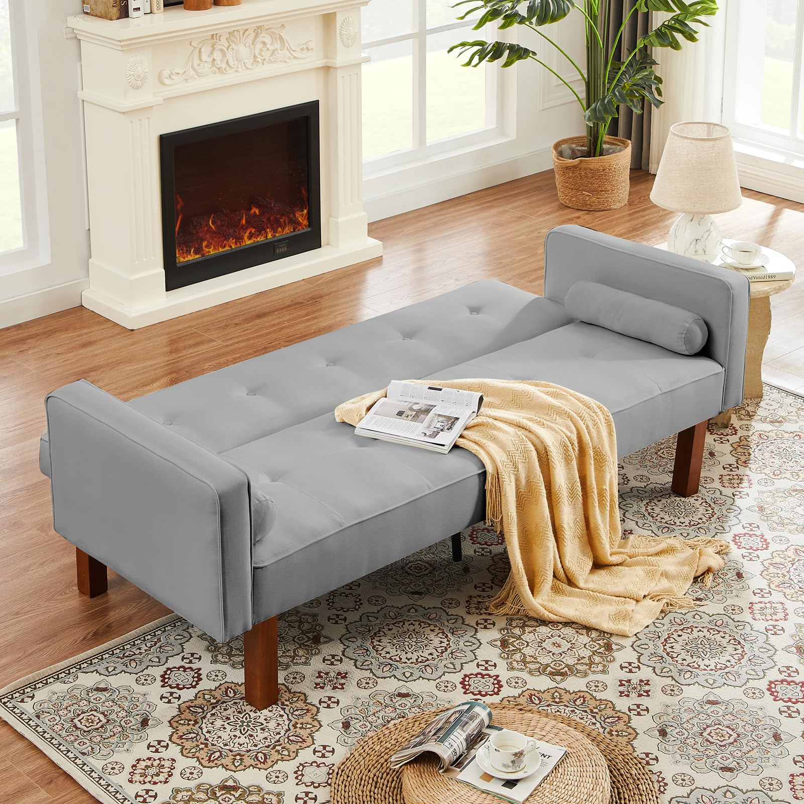 IULULU Futon Sofa Bed Convertible Couch with 2 Bolster Pillows and Solid Wood Legs, Loveseat with Adjustble Backrest for Studio, Apartment, Office, Living Room, Grey
