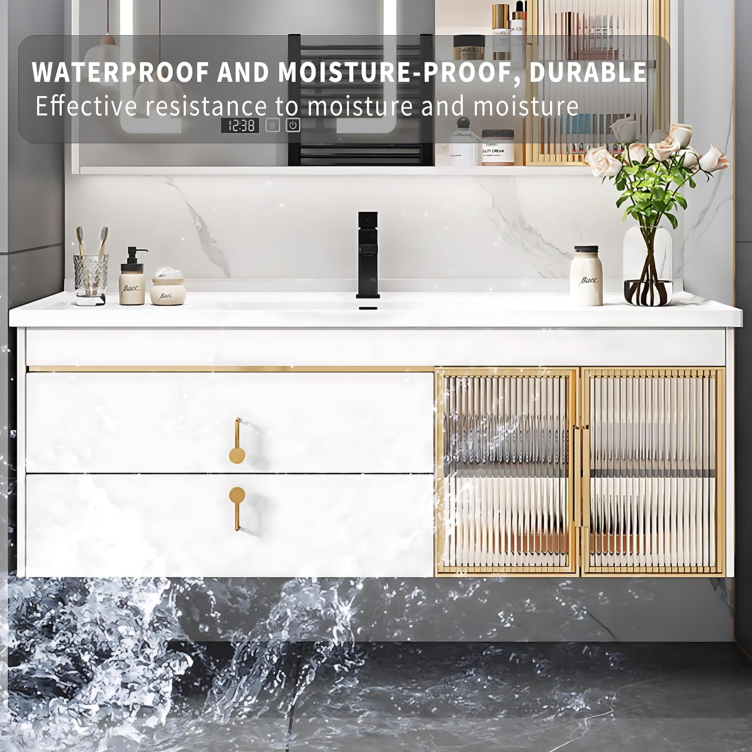 ZGNBSD Floating Bathroom Vanity with Sink - Modern Bathroom Vanity Contains Smart LED Defog Mirror | Solid Wood Freestanding Bathroom Vanity (White, 44'')