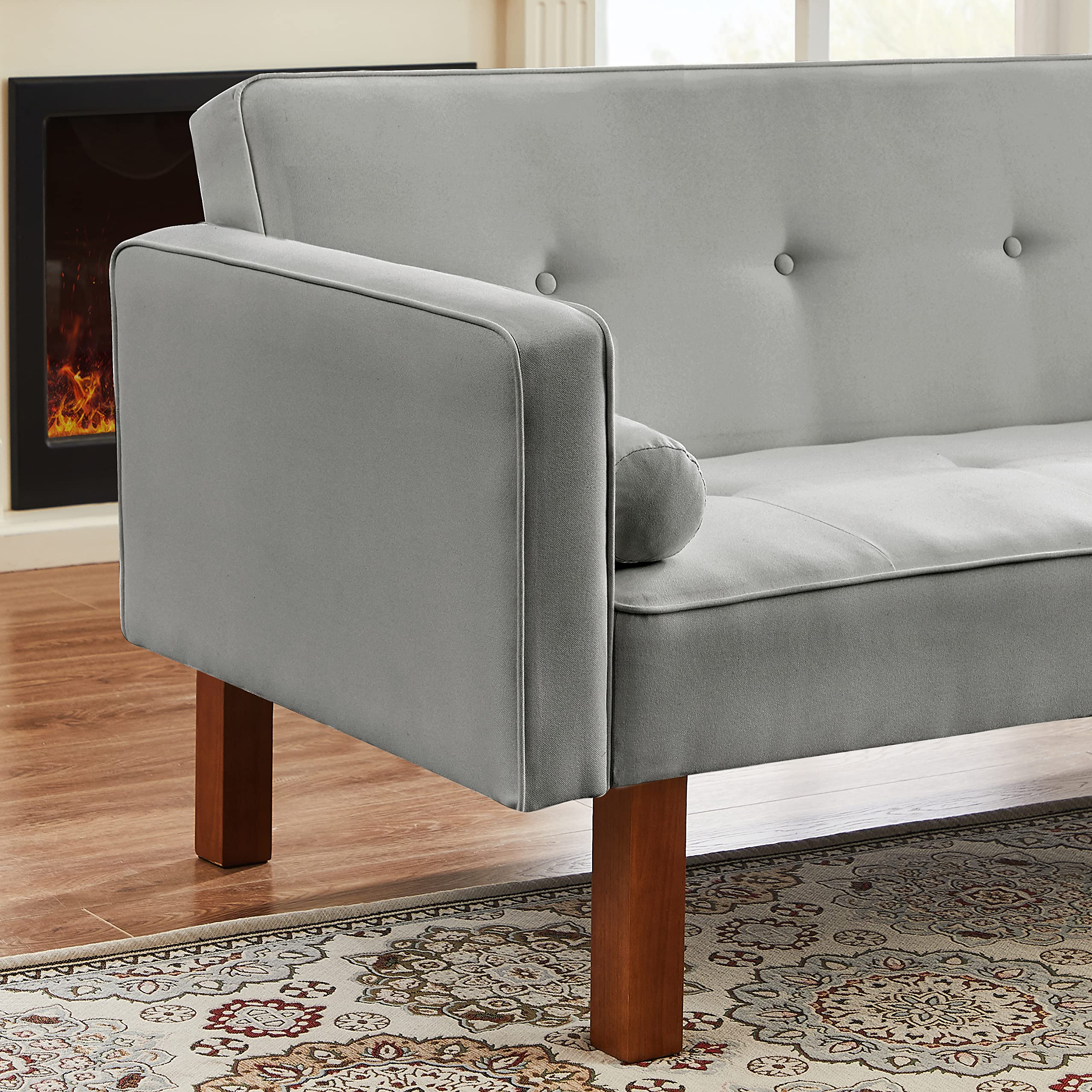 IULULU Futon Sofa Bed Convertible Couch with 2 Bolster Pillows and Solid Wood Legs, Loveseat with Adjustble Backrest for Studio, Apartment, Office, Living Room, Grey
