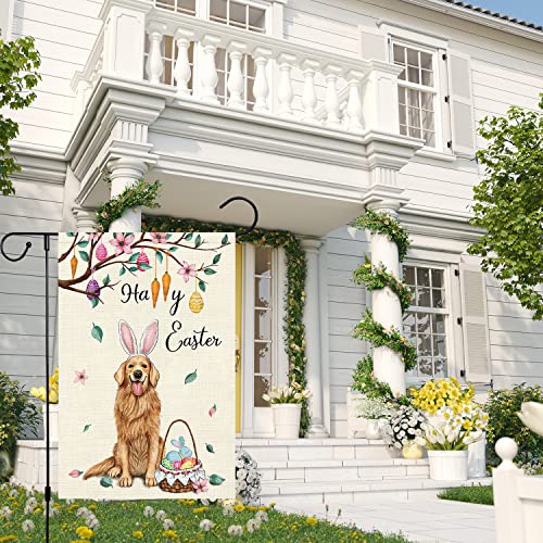 Happy Easter Garden Flag 12x18 Double Sided Burlap, Small Welcome Easter Egg Tree Dog Bunny Rabbit Garden Yard Flags for Spring Outdoor Outside Decoration (Only Flag)