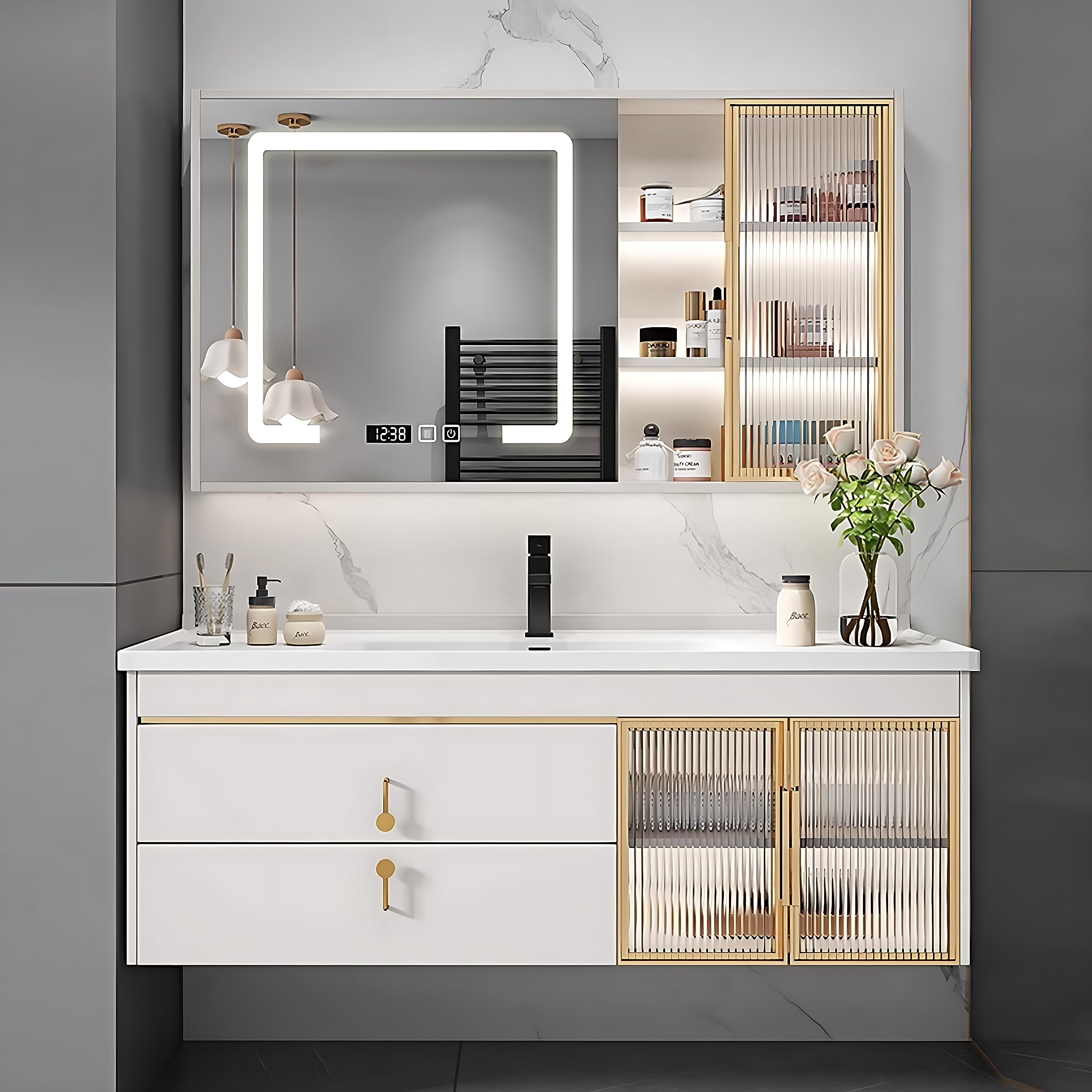 ZGNBSD Floating Bathroom Vanity with Sink - Modern Bathroom Vanity Contains Smart LED Defog Mirror | Solid Wood Freestanding Bathroom Vanity (White, 44'')