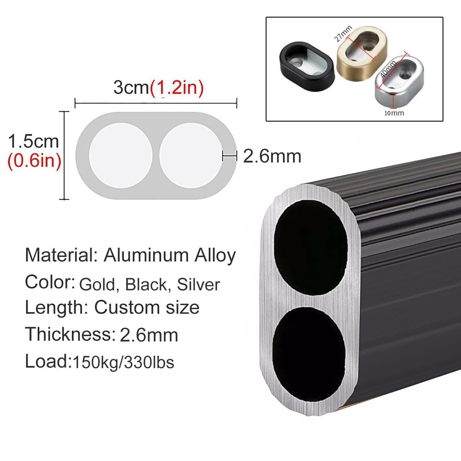 Wall Mounted Aluminum Closet Bar for Hanging Clothes 24 28 30 34 36 38 40 46 50 Inch Long, Detachable Clothes Hanging Rod Pole Wardrobe Storage Clothing Organizer Rack System Kit (Color : Silver, Si