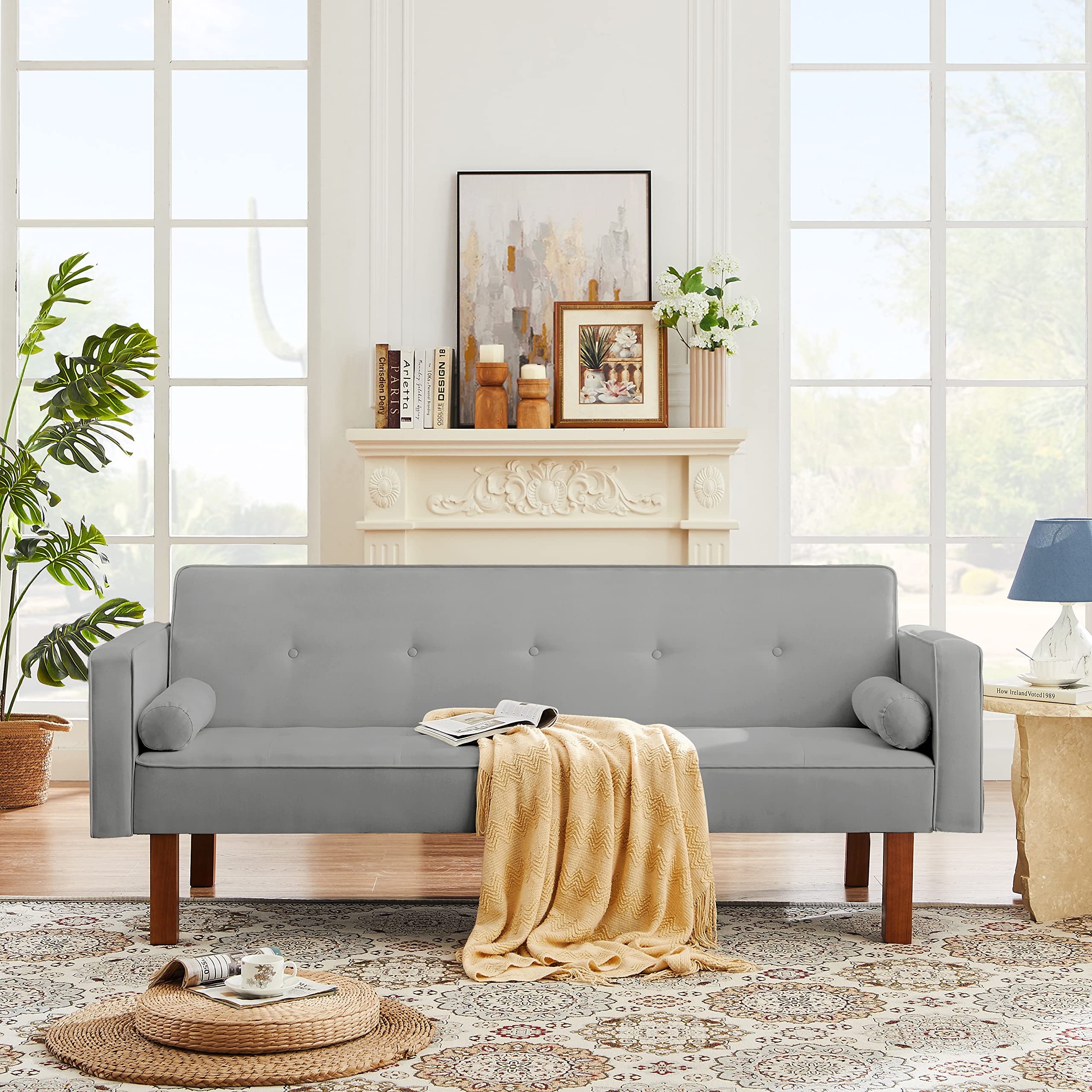 IULULU Futon Sofa Bed Convertible Couch with 2 Bolster Pillows and Solid Wood Legs, Loveseat with Adjustble Backrest for Studio, Apartment, Office, Living Room, Grey