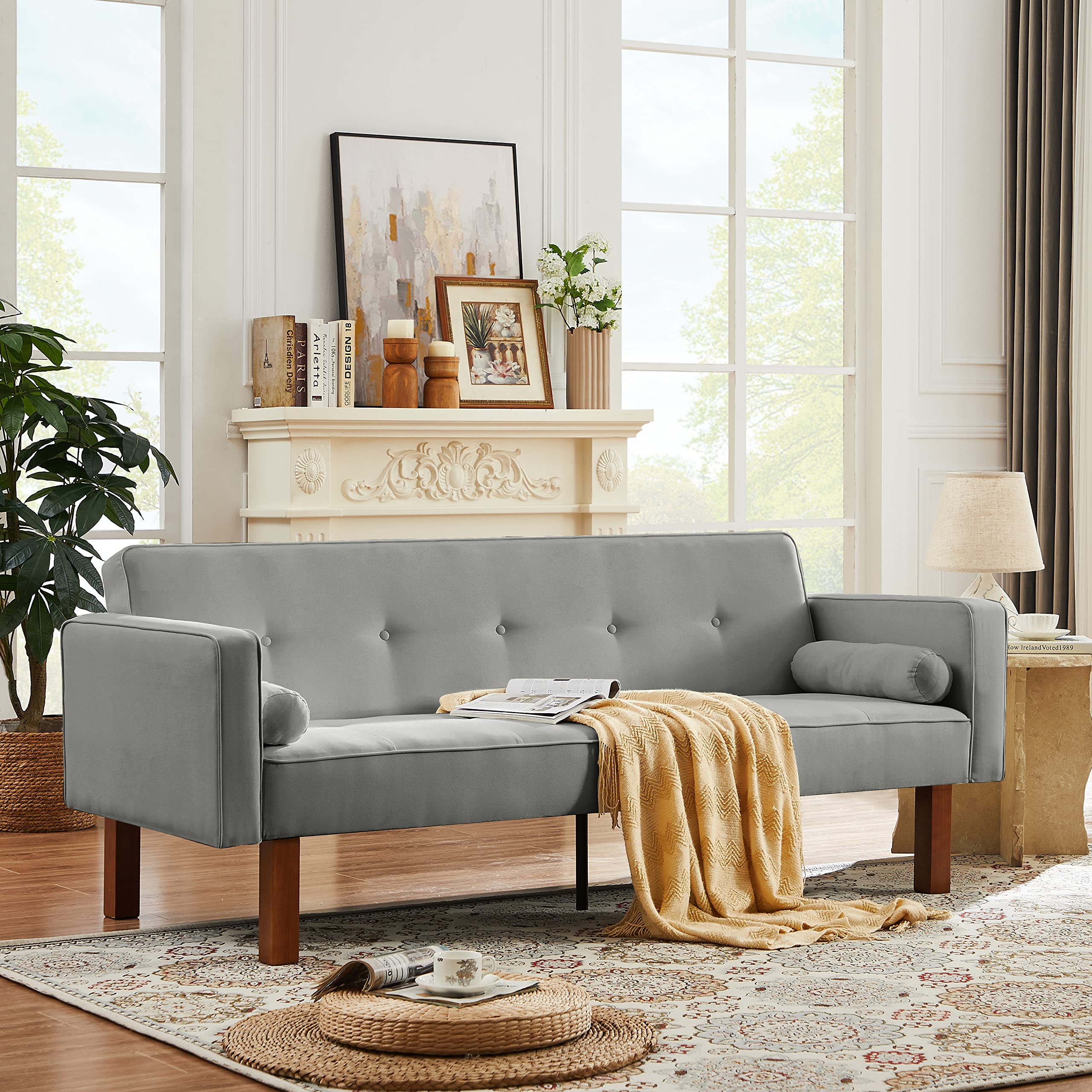 IULULU Futon Sofa Bed Convertible Couch with 2 Bolster Pillows and Solid Wood Legs, Loveseat with Adjustble Backrest for Studio, Apartment, Office, Living Room, Grey
