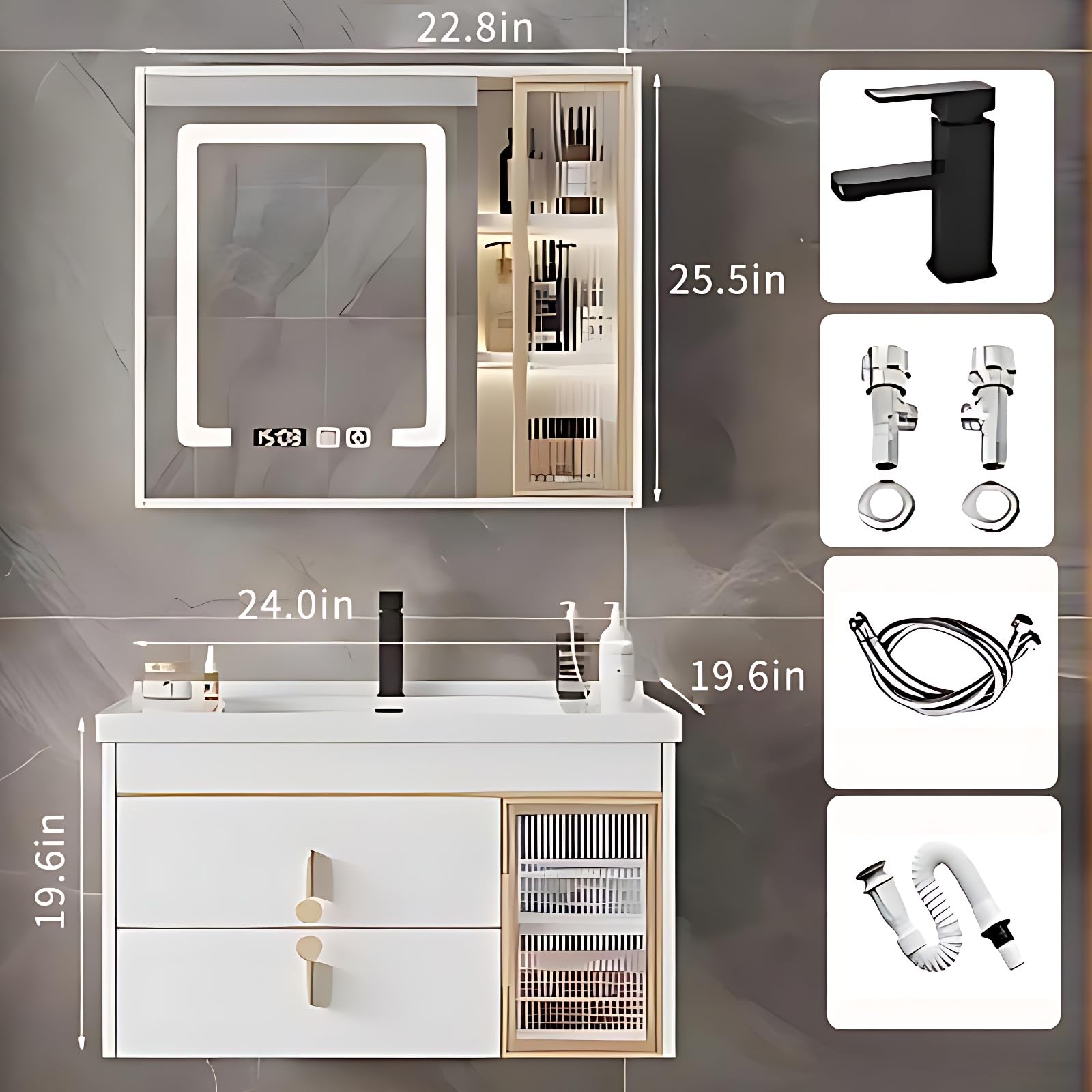 ZGNBSD Floating Bathroom Vanity with Sink - Modern Bathroom Vanity Contains Smart LED Defog Mirror | Solid Wood Freestanding Bathroom Vanity (White, 24'')