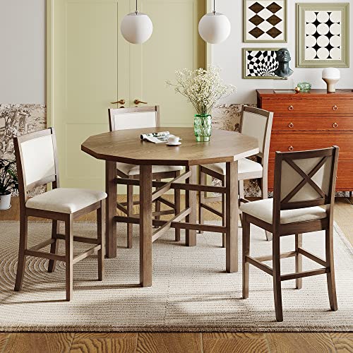 HAUSHECK 4 Counter Height Kitchen Room Irregular Round Table, High-Back Chairs, Rubber Wood Legs, Comfortable Cushioned, 5 Piece Dining Set for Small Places, Brown