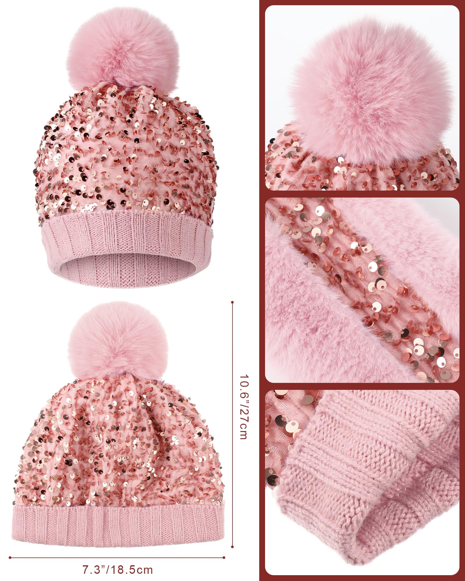 Liitrsh 2 Sets Girl's Winter Knit Hat Scarf Gloves Set Warm Fleece Lined Pom Pom Hat Scarf Gloves for Teens Pink Purple