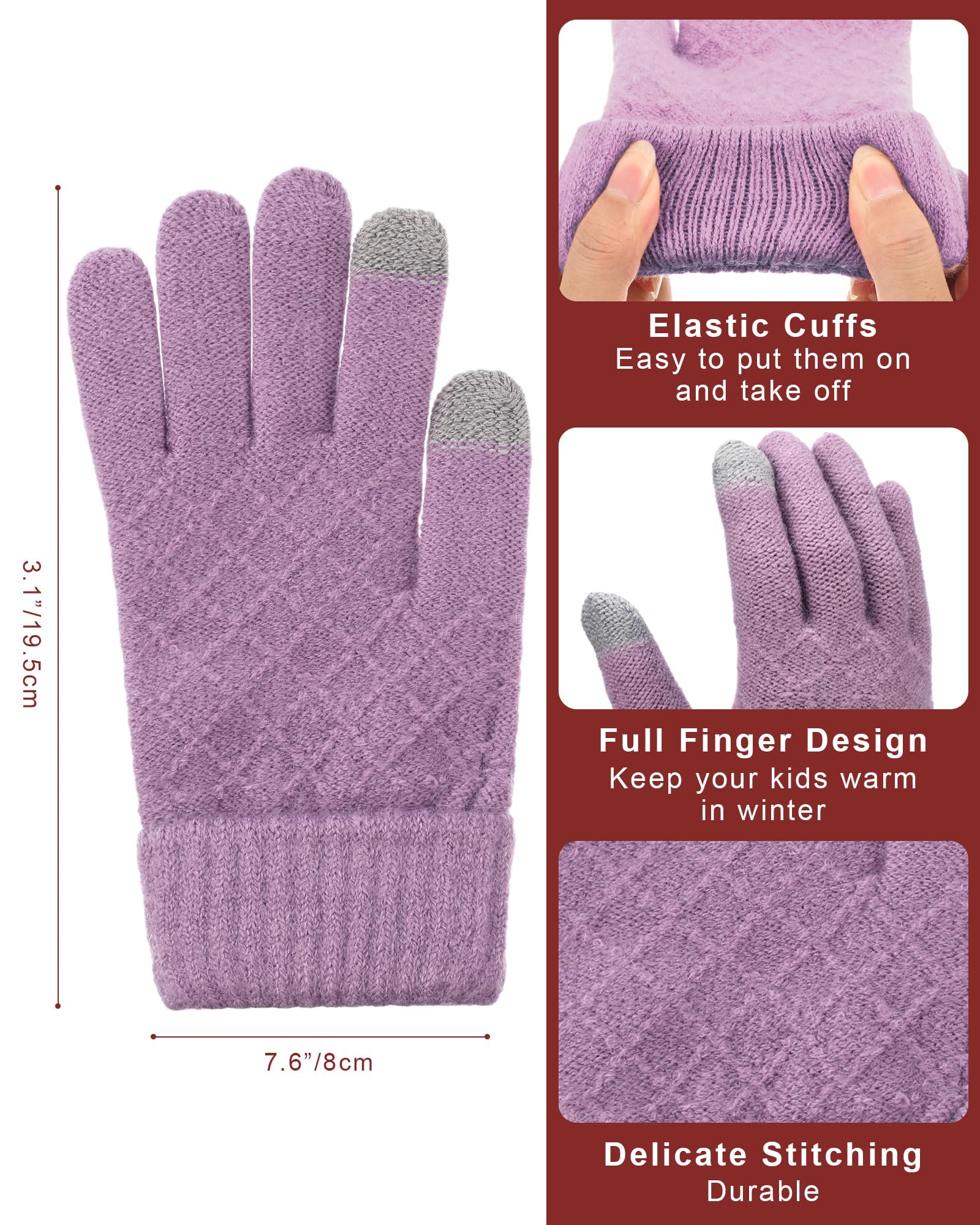 Liitrsh 2 Sets Girl's Winter Knit Hat Scarf Gloves Set Warm Fleece Lined Pom Pom Hat Scarf Gloves for Teens Pink Purple