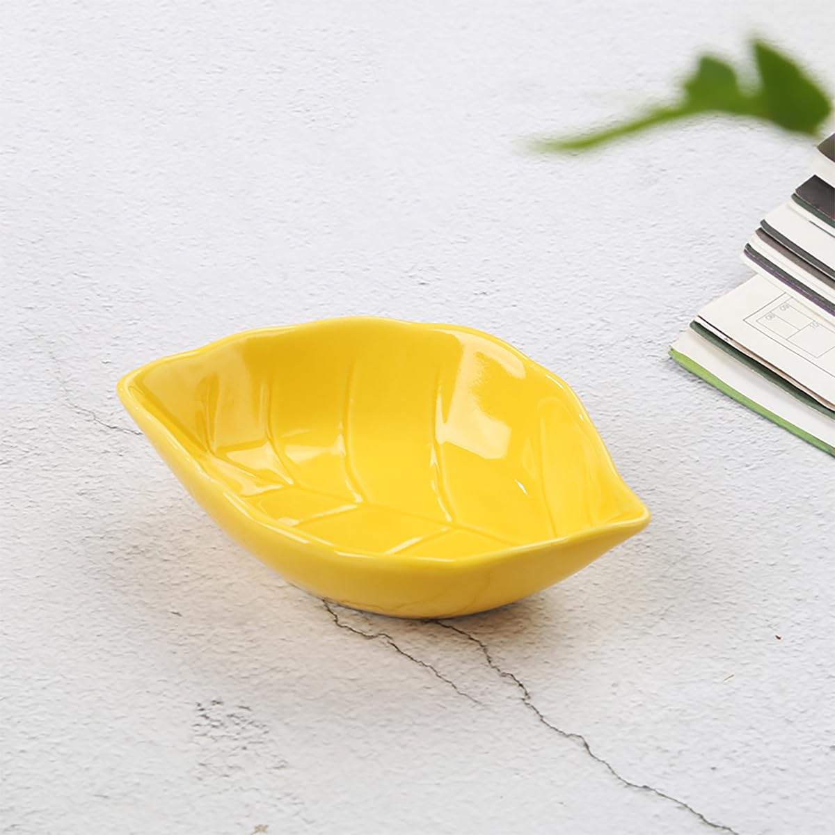 WAIT FLY Leaves Shaped Pattern Ceramic Seasoning Dishes/Tea Bag Holders/Ketchup Saucer/Appetizer Plates/Vinegar Spice Salad Soy Sushi Wasabi Seasoning Dipping Bowls-Yellow-4 PCS