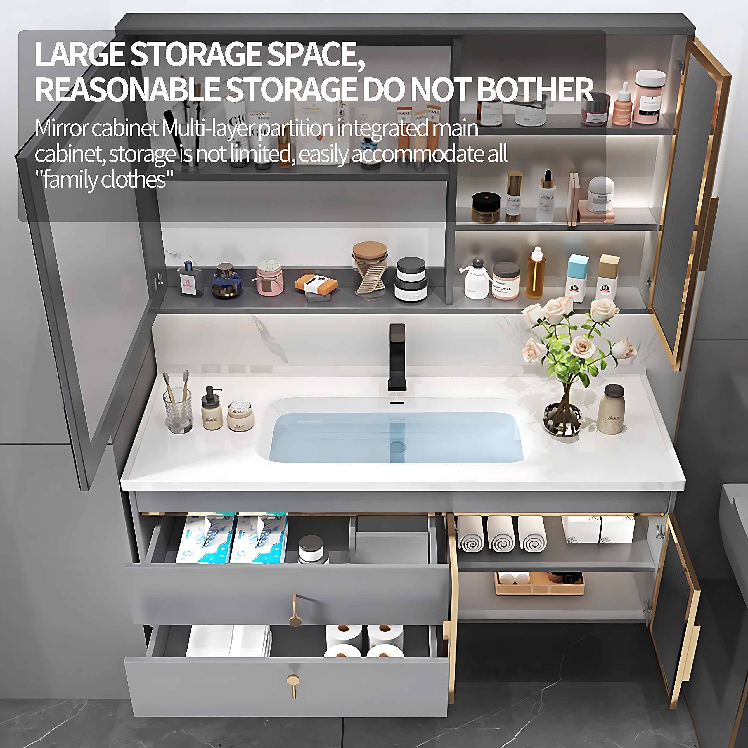 ZGNBSD Floating Bathroom Vanity with Sink - Modern Bathroom Vanity Contains Smart LED Defog Mirror | Solid Wood Freestanding Bathroom Vanity (White, 24'')
