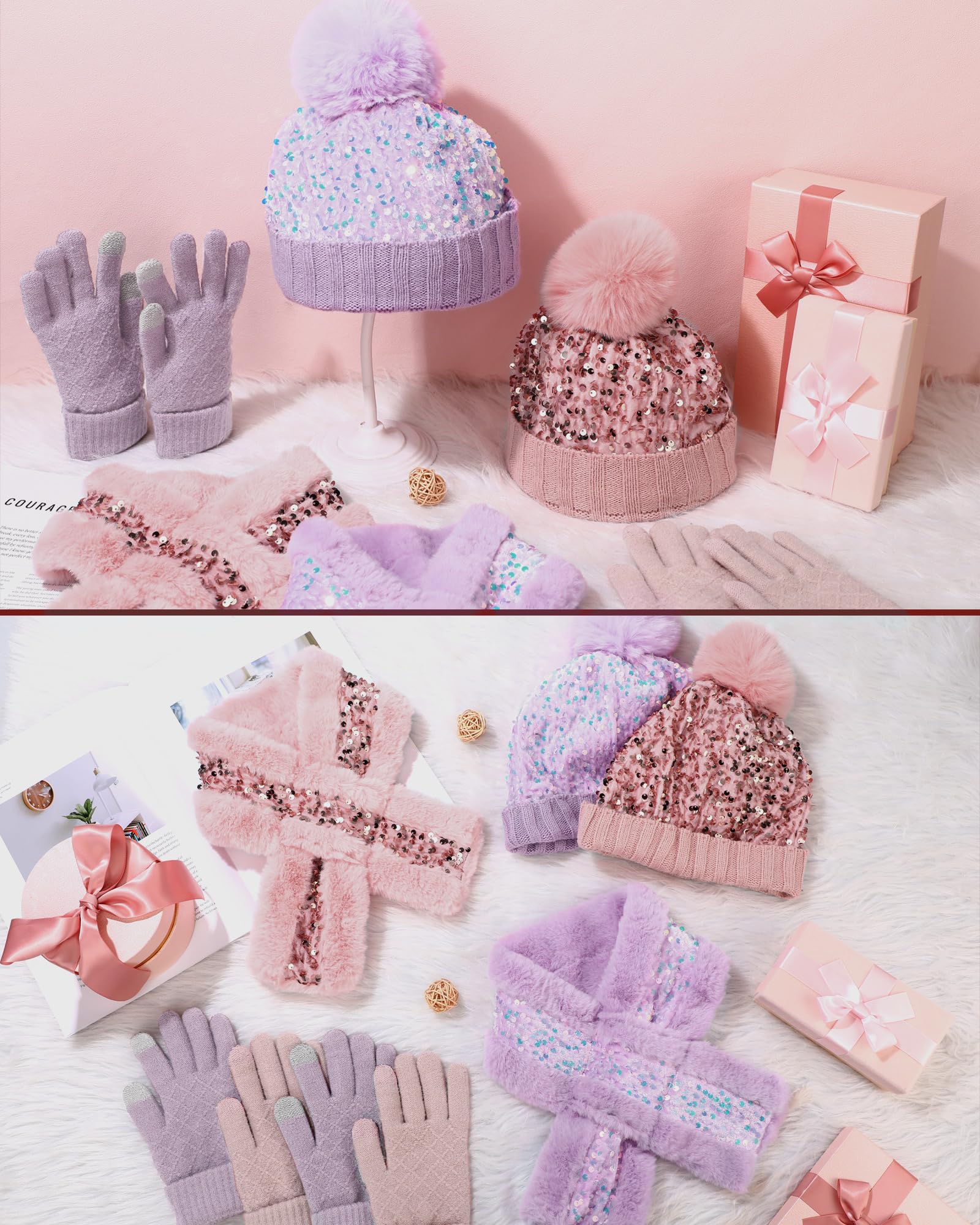 Liitrsh 2 Sets Girl's Winter Knit Hat Scarf Gloves Set Warm Fleece Lined Pom Pom Hat Scarf Gloves for Teens Pink Purple