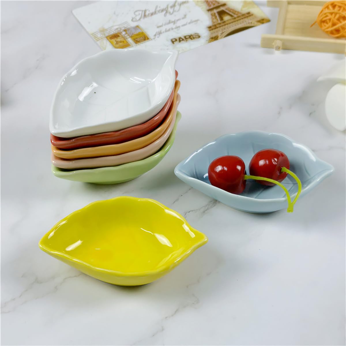 WAIT FLY Leaves Shaped Pattern Ceramic Seasoning Dishes/Tea Bag Holders/Ketchup Saucer/Appetizer Plates/Vinegar Spice Salad Soy Sushi Wasabi Seasoning Dipping Bowls-Yellow-4 PCS