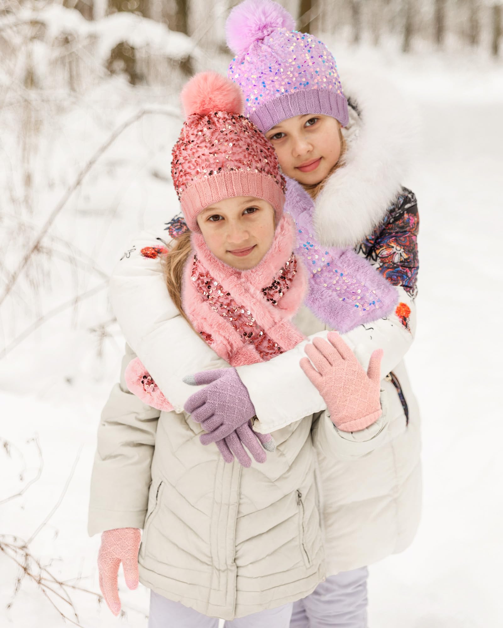 Liitrsh 2 Sets Girl's Winter Knit Hat Scarf Gloves Set Warm Fleece Lined Pom Pom Hat Scarf Gloves for Teens Pink Purple