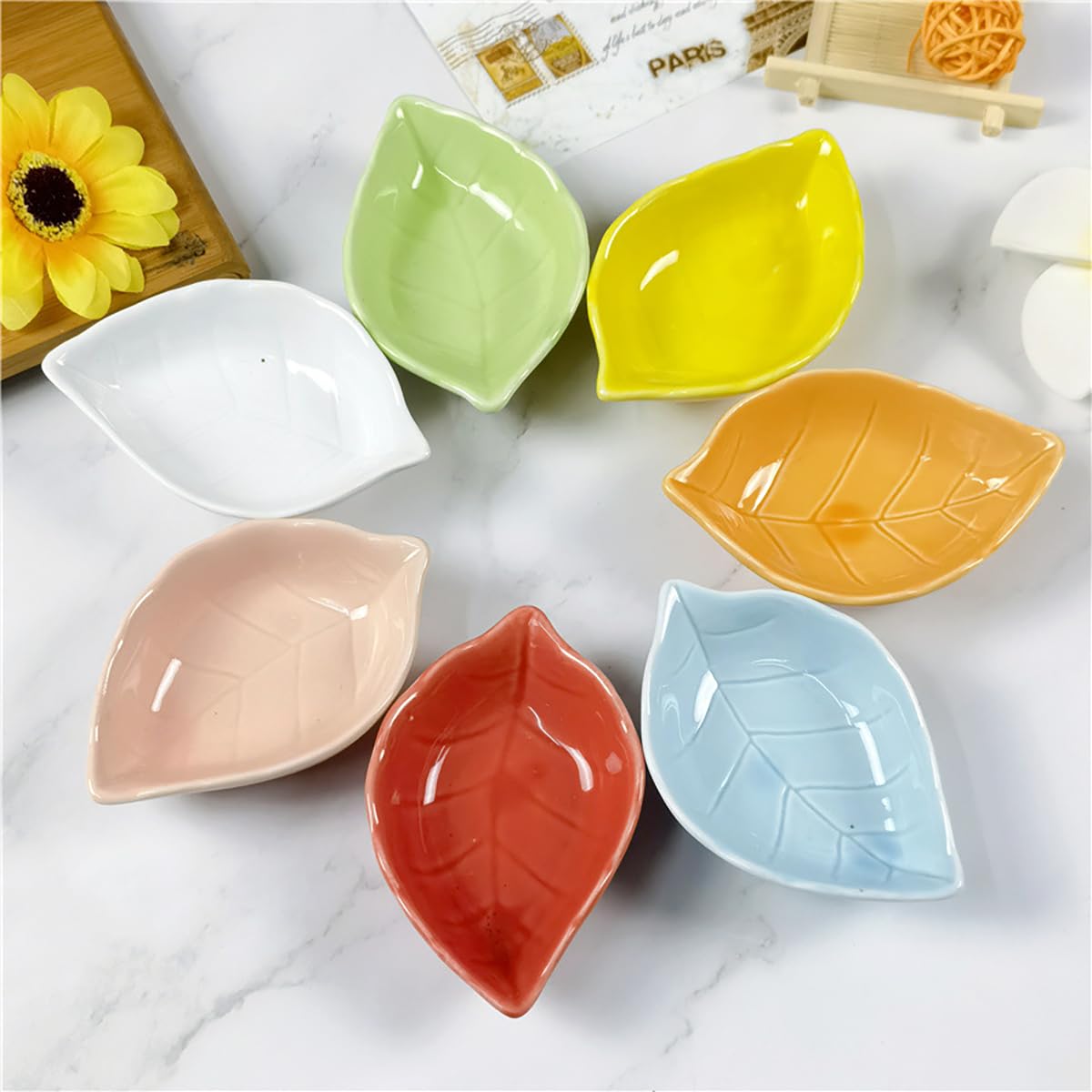 WAIT FLY Leaves Shaped Pattern Ceramic Seasoning Dishes/Tea Bag Holders/Ketchup Saucer/Appetizer Plates/Vinegar Spice Salad Soy Sushi Wasabi Seasoning Dipping Bowls-Yellow-4 PCS