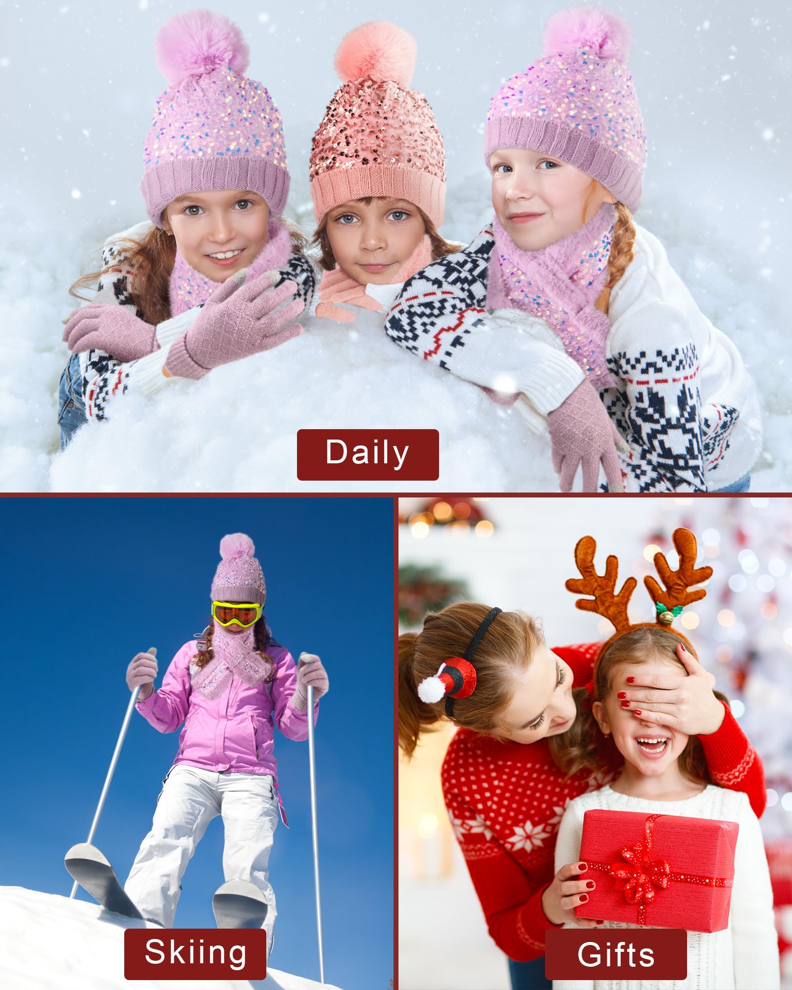 Liitrsh 2 Sets Girl's Winter Knit Hat Scarf Gloves Set Warm Fleece Lined Pom Pom Hat Scarf Gloves for Teens Pink Purple