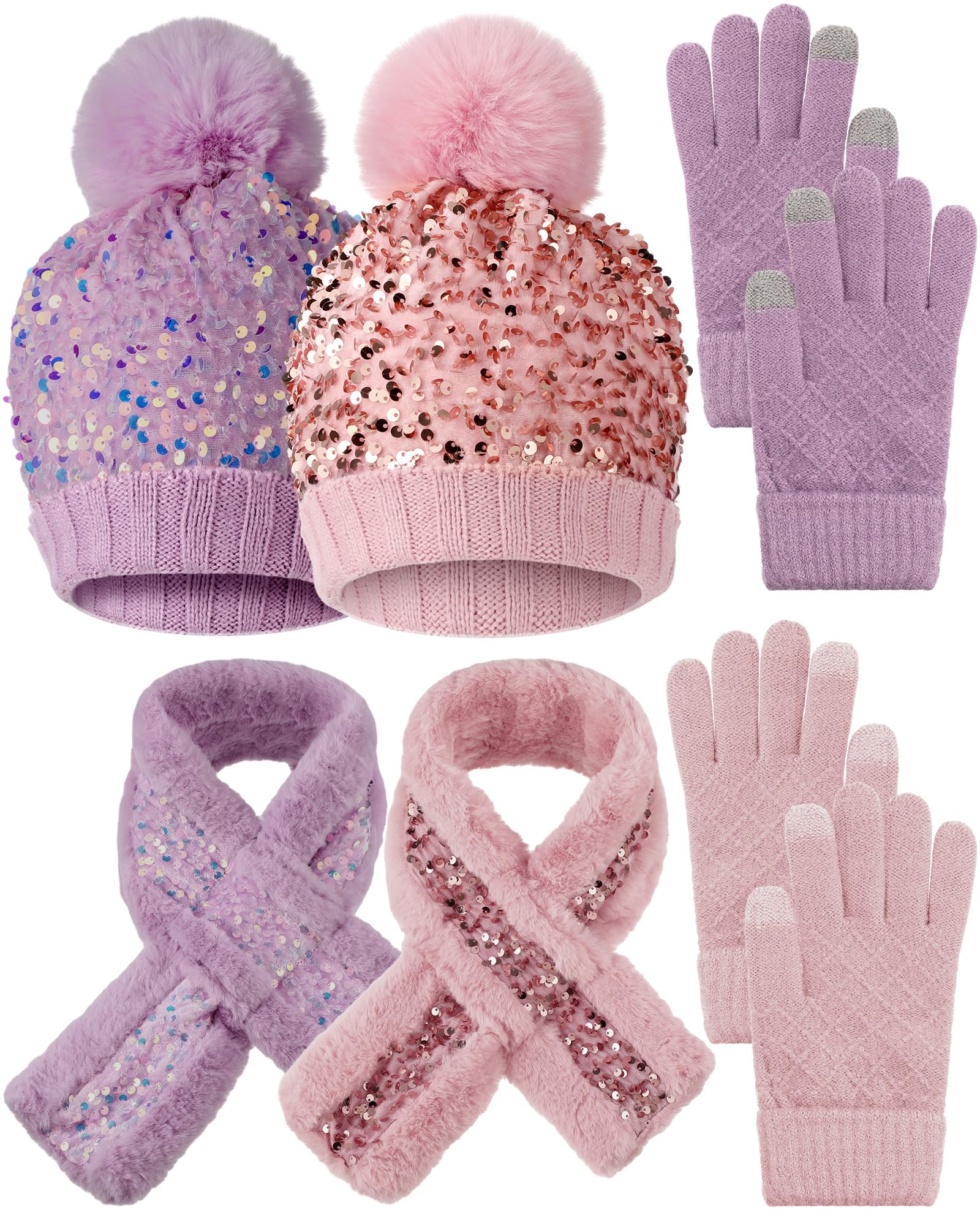 Liitrsh 2 Sets Girl's Winter Knit Hat Scarf Gloves Set Warm Fleece Lined Pom Pom Hat Scarf Gloves for Teens Pink Purple