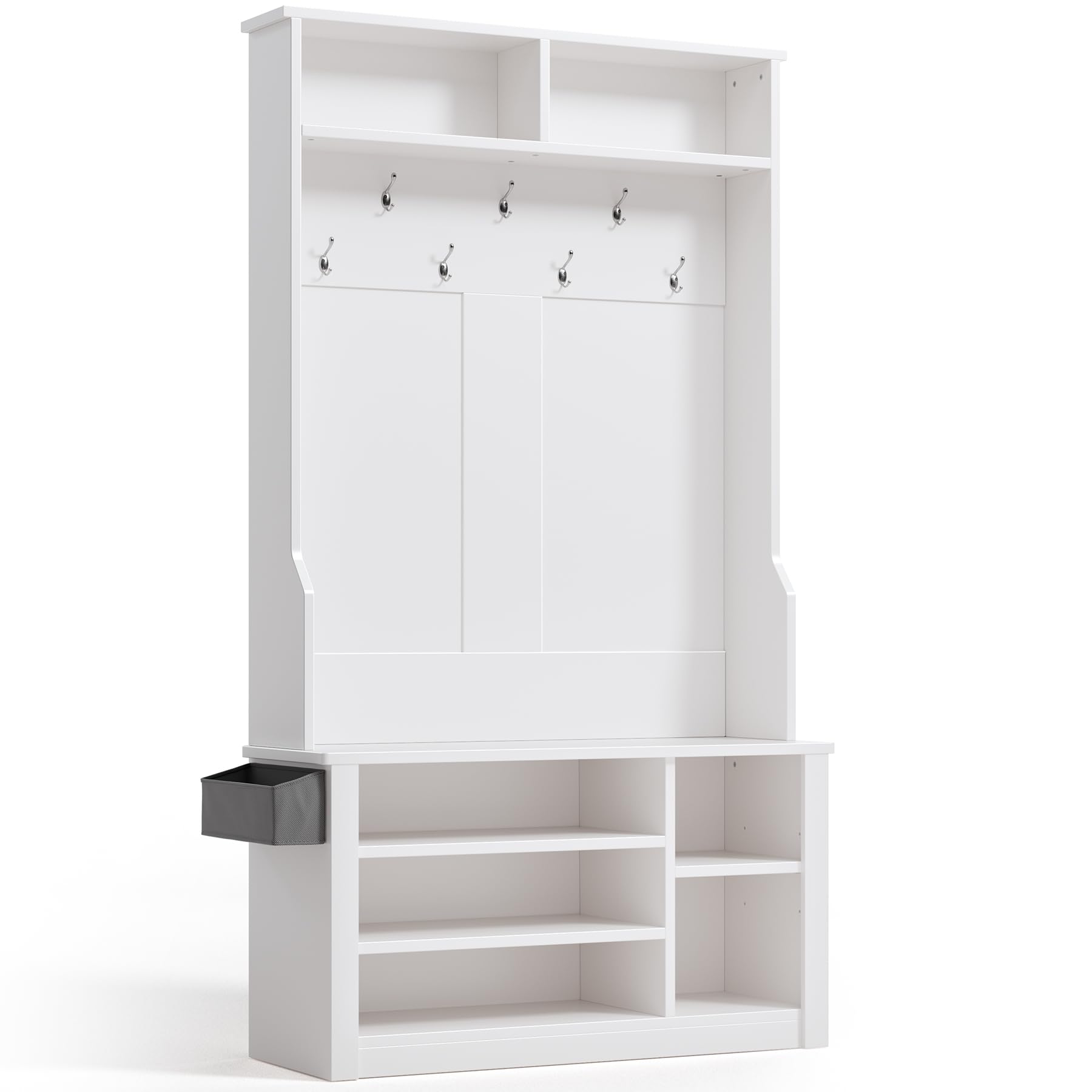 Aiho 3-in-1 Hall Tree with Shoe Storage Bench, White, 2-Tier Top Storage Lockers, for Livingroom, Bedroom