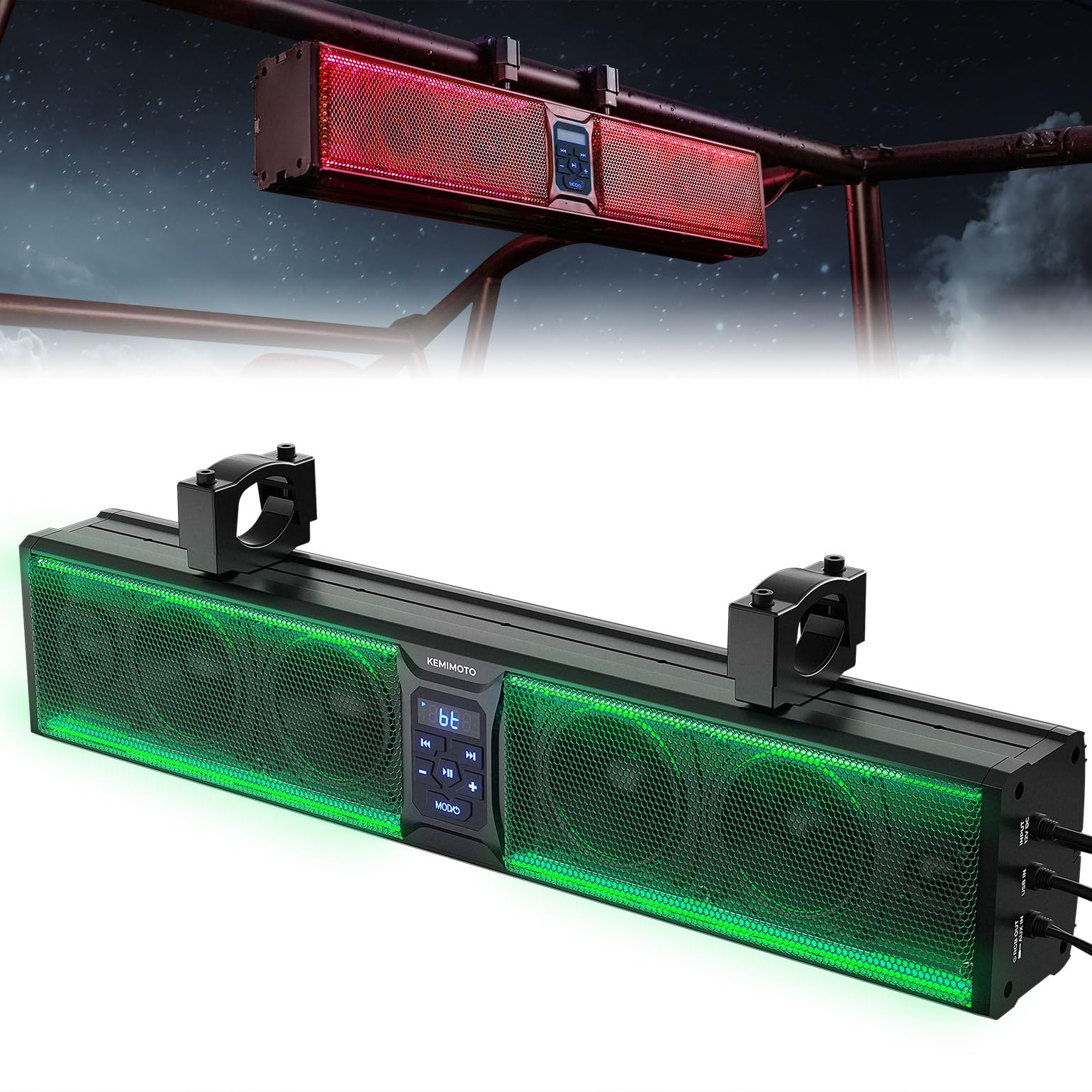KEMIMOTO 6-Speaker Metal UTV Sound Bar Waterproof Bluetooth Music Sync Multicolor Lights 25-inch SxS Speakers Wireless Control Soundbar for UTV Golf Cart w/ 1.25 in - 2 in Roll Bar