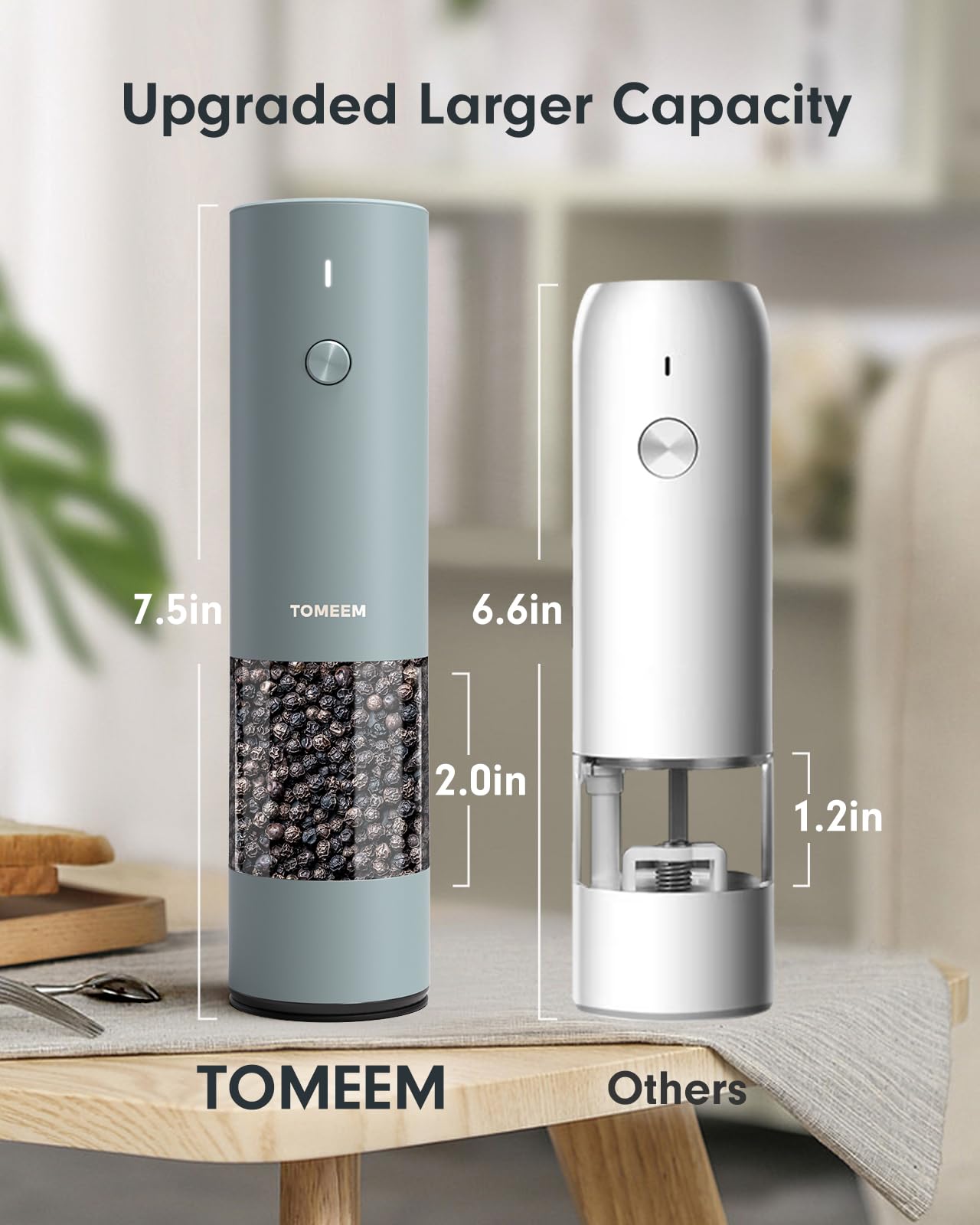 Upgraded Larger Capacity: Electric Salt and Pepper Grinder Set Rechargeable with LED lights, Stainless Steel Automatic Pepper and Salt Grinder Refillable with 6 Adjustable Coarseness