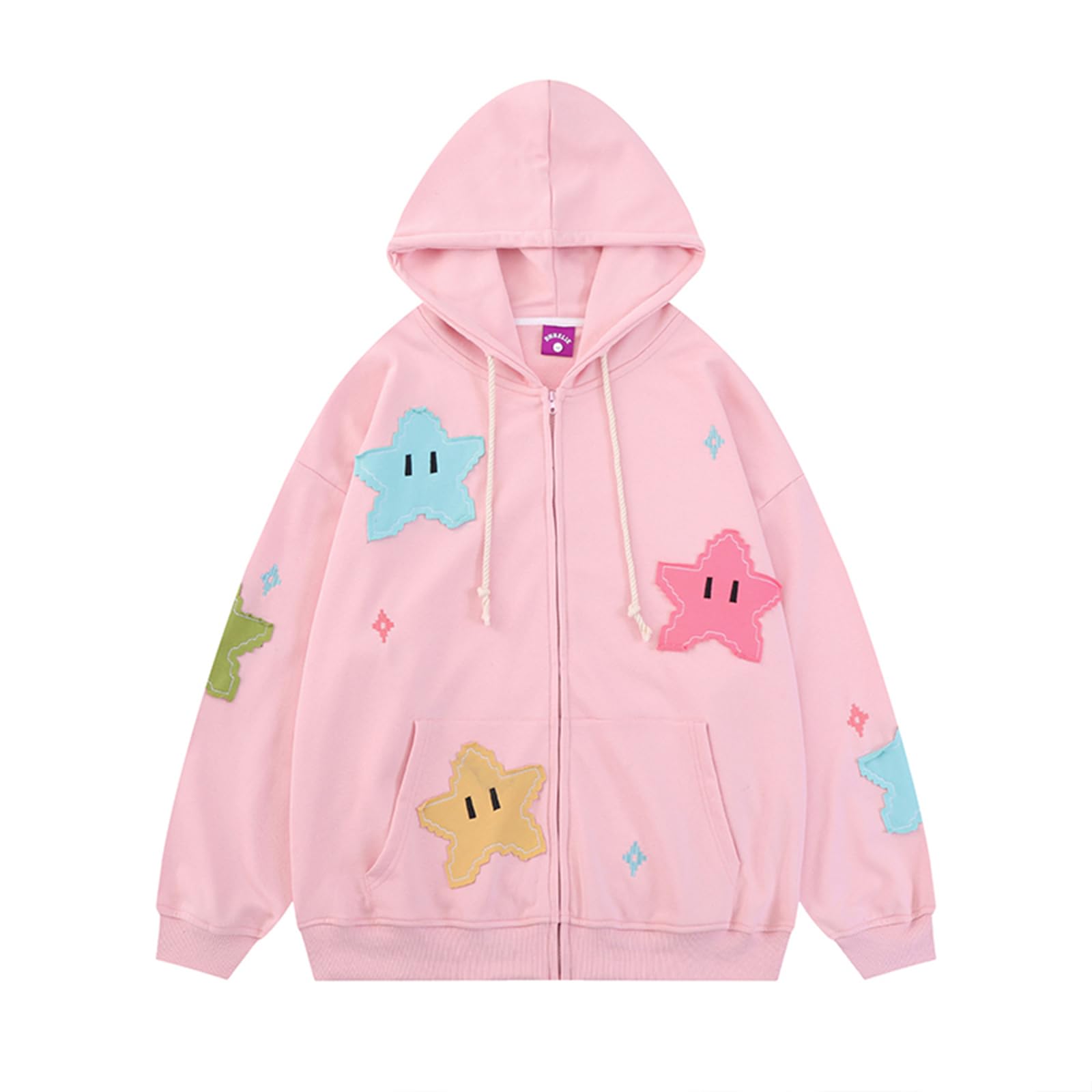 GOOCHEER Women 's Teen Girl Star Print Y2K Zip Up Hoodies Jacket Sweatshirt Cute Fall Jacket Hoodie Clothes (Pink, S)